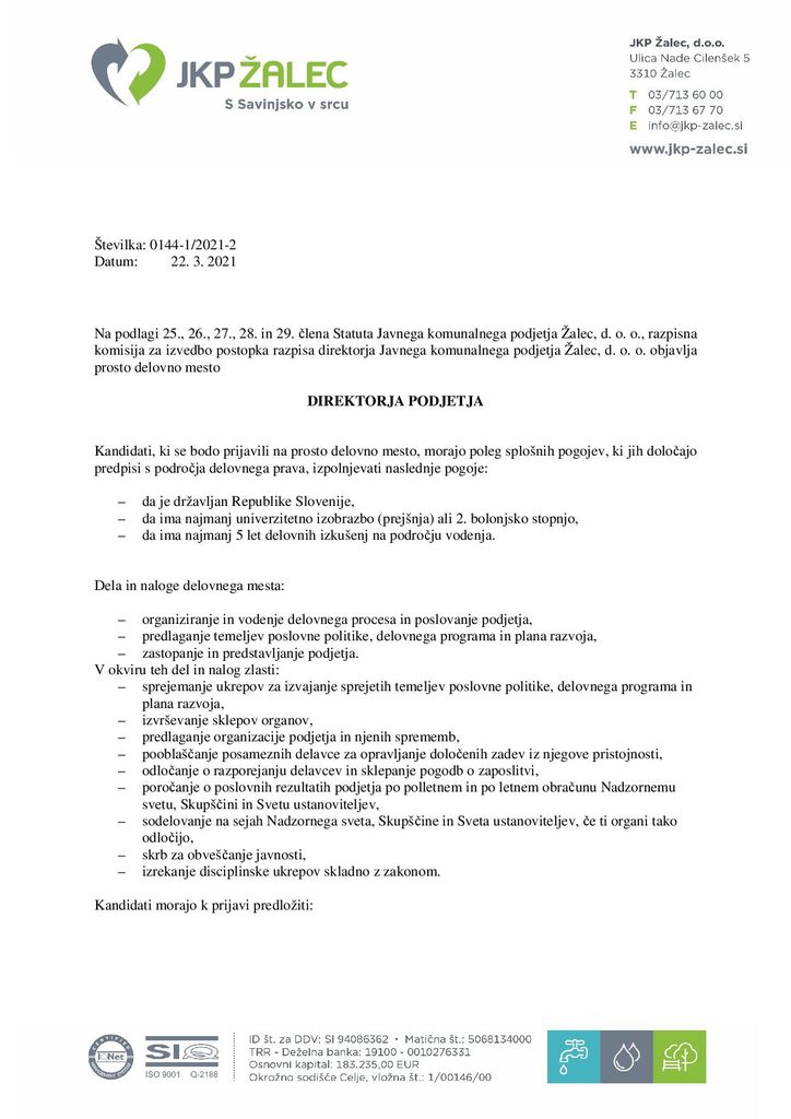 Razpis za prosto delovno mesto direktorja podjetja JKP ŽALEC, D.O.O ...